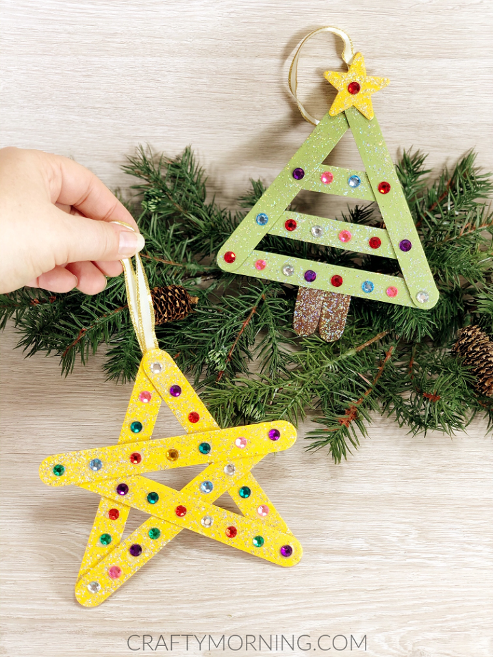 Popsicle Stick Christmas Tree and Star Ornaments - Crafty Morning