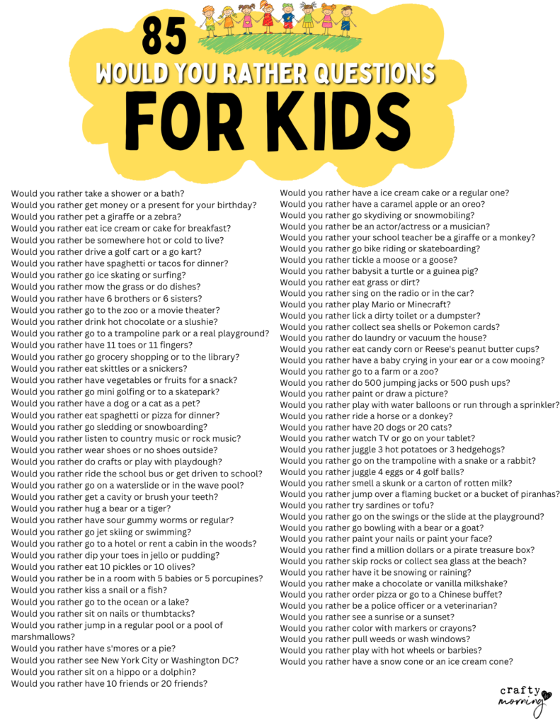 85 Would You Rather Questions for Kids - Crafty Morning